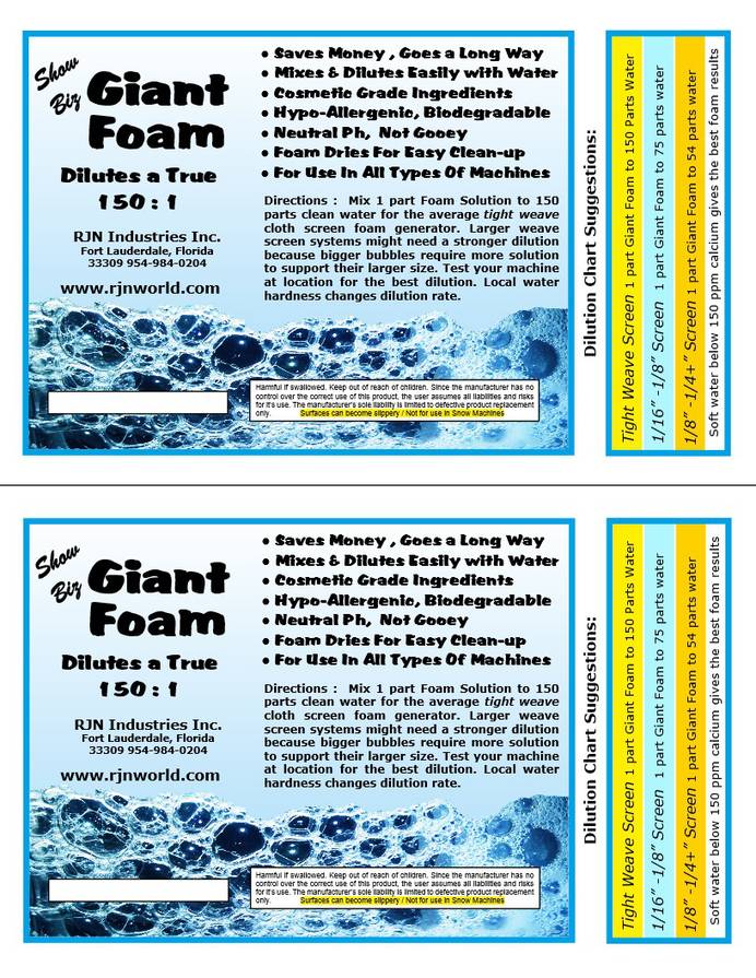 Show Biz Products "Giant Foam" for Foam Parties - Customer Label Ideas ...